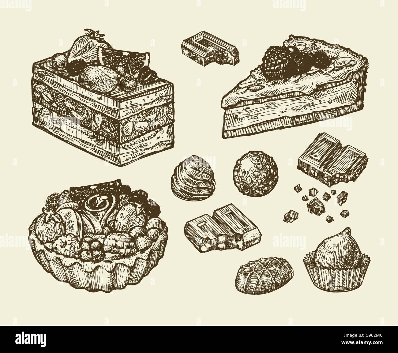 dessert, food. hand drawn cake, pastry, chocolate, pie, candy, sweet ...