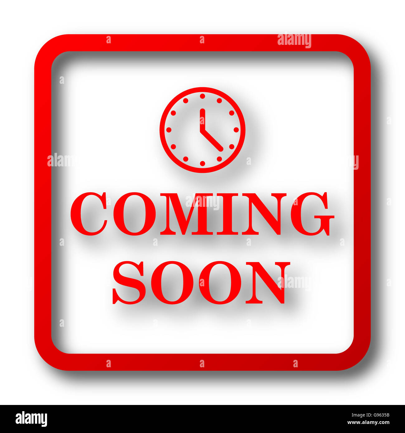 Coming soon icon. Internet button on white background Stock Photo - Alamy