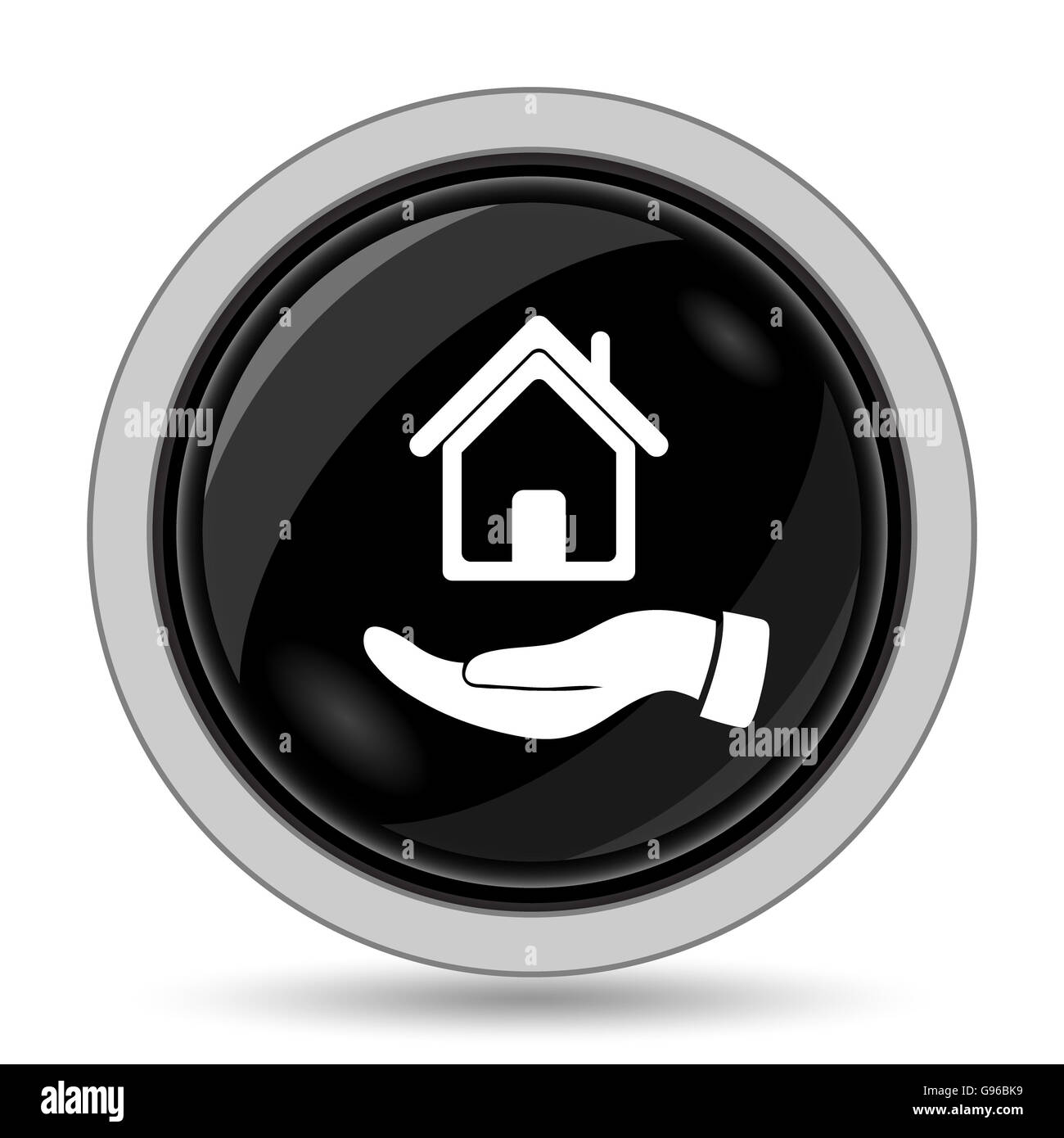 Hand holding house icon. Internet button on white background Stock ...