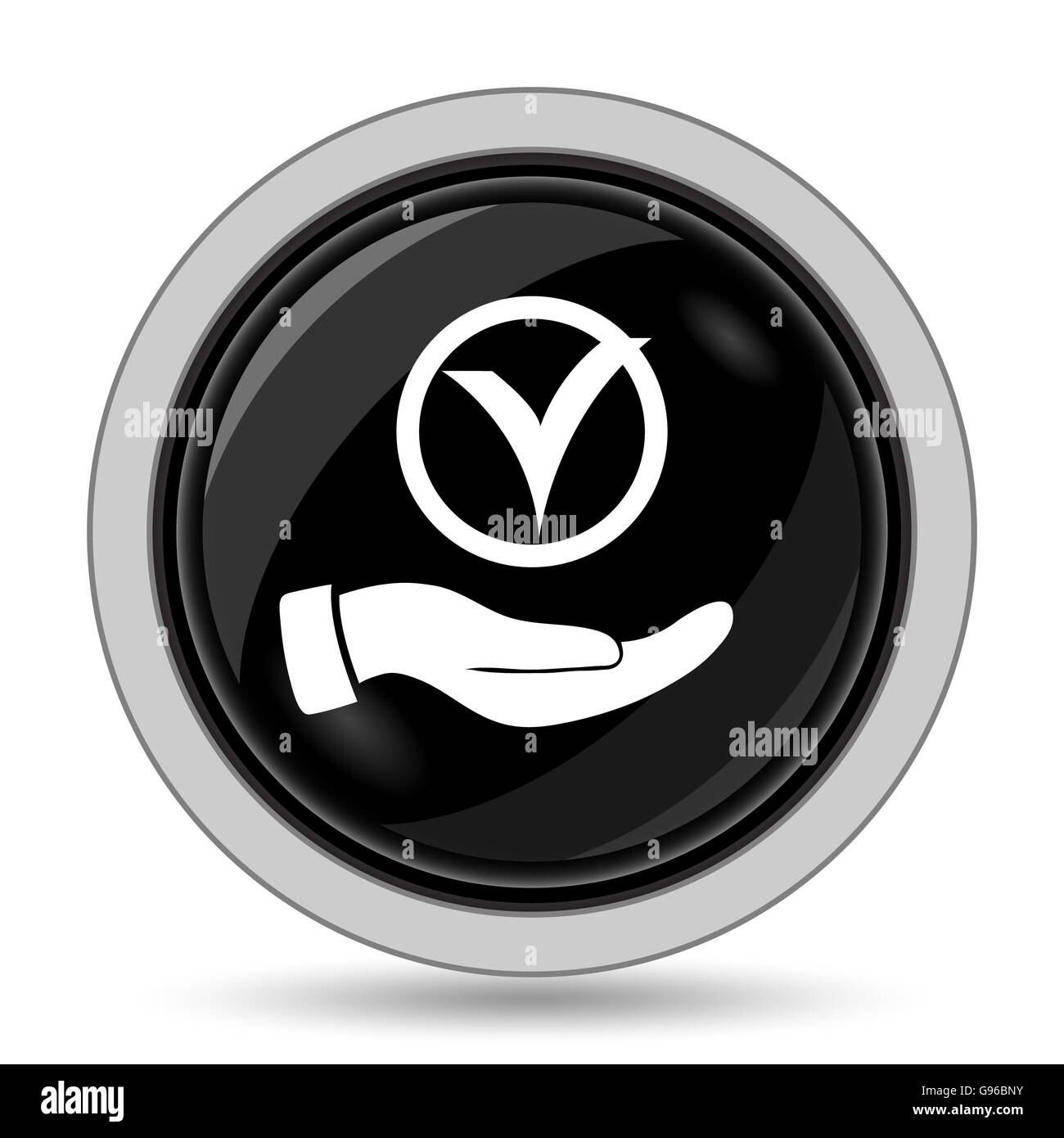 Tick with hand icon. Internet button on white background Stock Photo ...