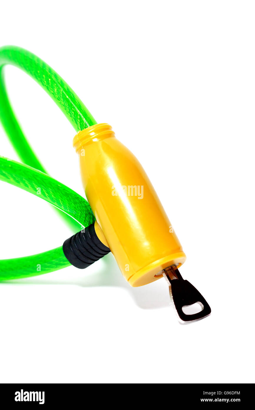 Steel rope with lock and key on white background Stock Photo - Alamy