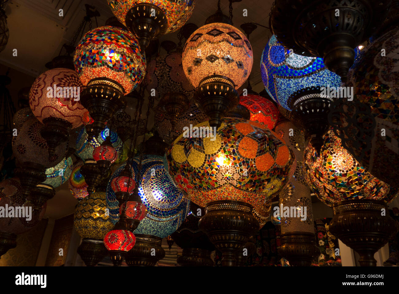 interior of lamp store many light fixtures bright colors Stock Photo ...