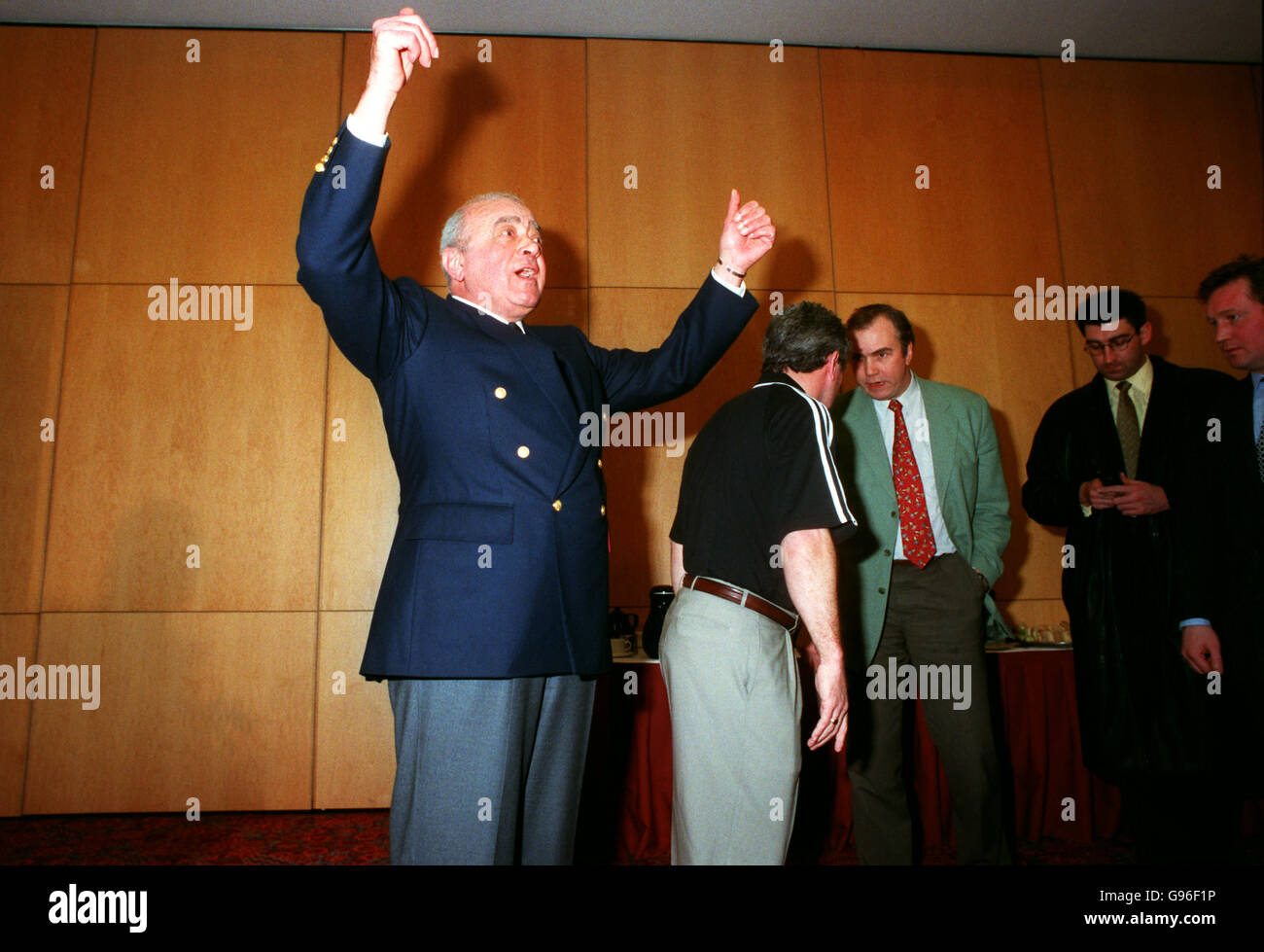 Fulham owner and chairman Mohammed Al Fayed talking to the press Stock ...