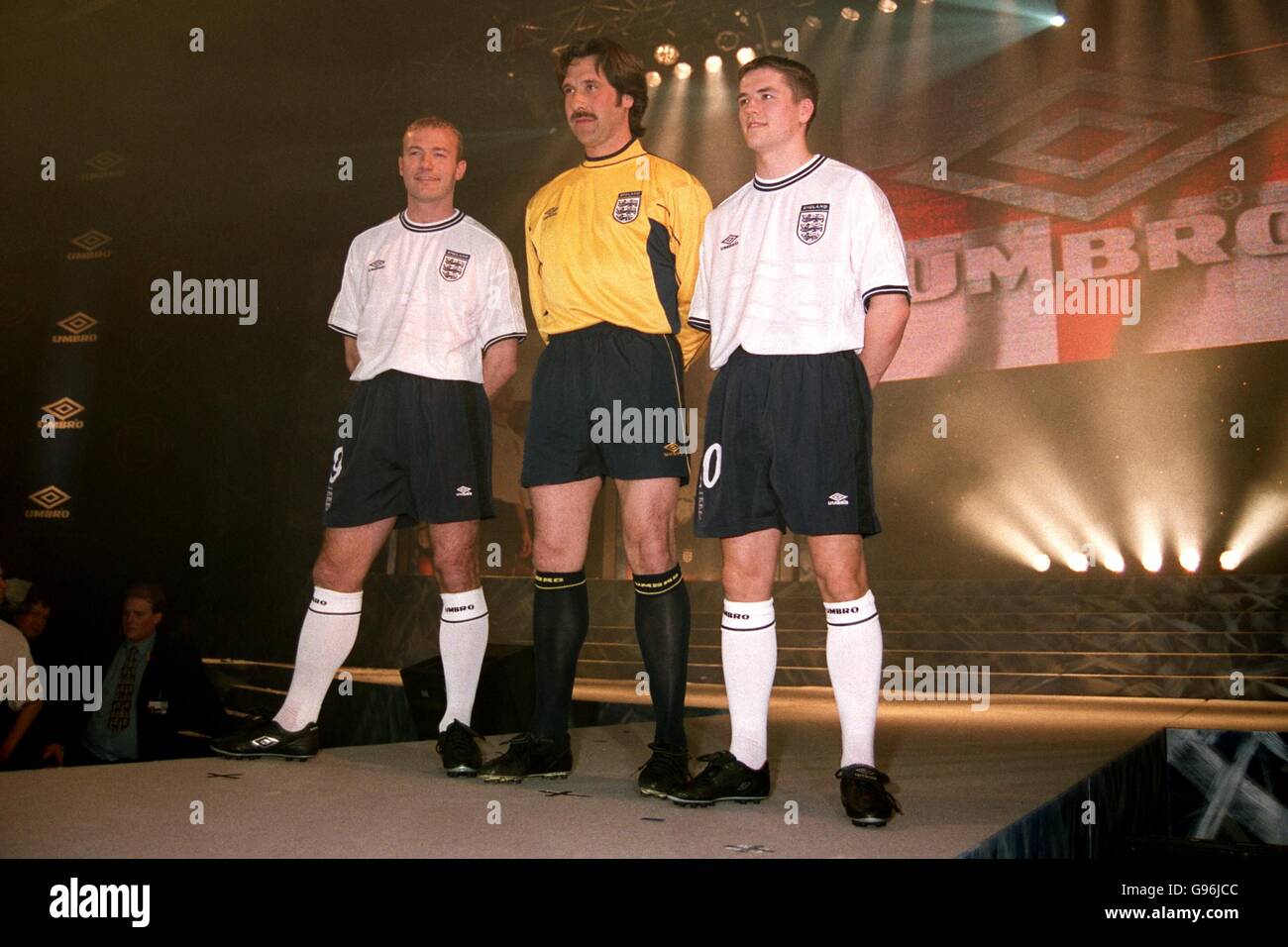 Michael Owen Alan Shearer and David Seaman model the new England Kit ...