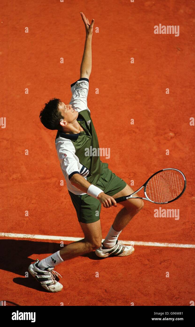 Tennis, French Open, third Round. Tim Henman serves against Alberto ...