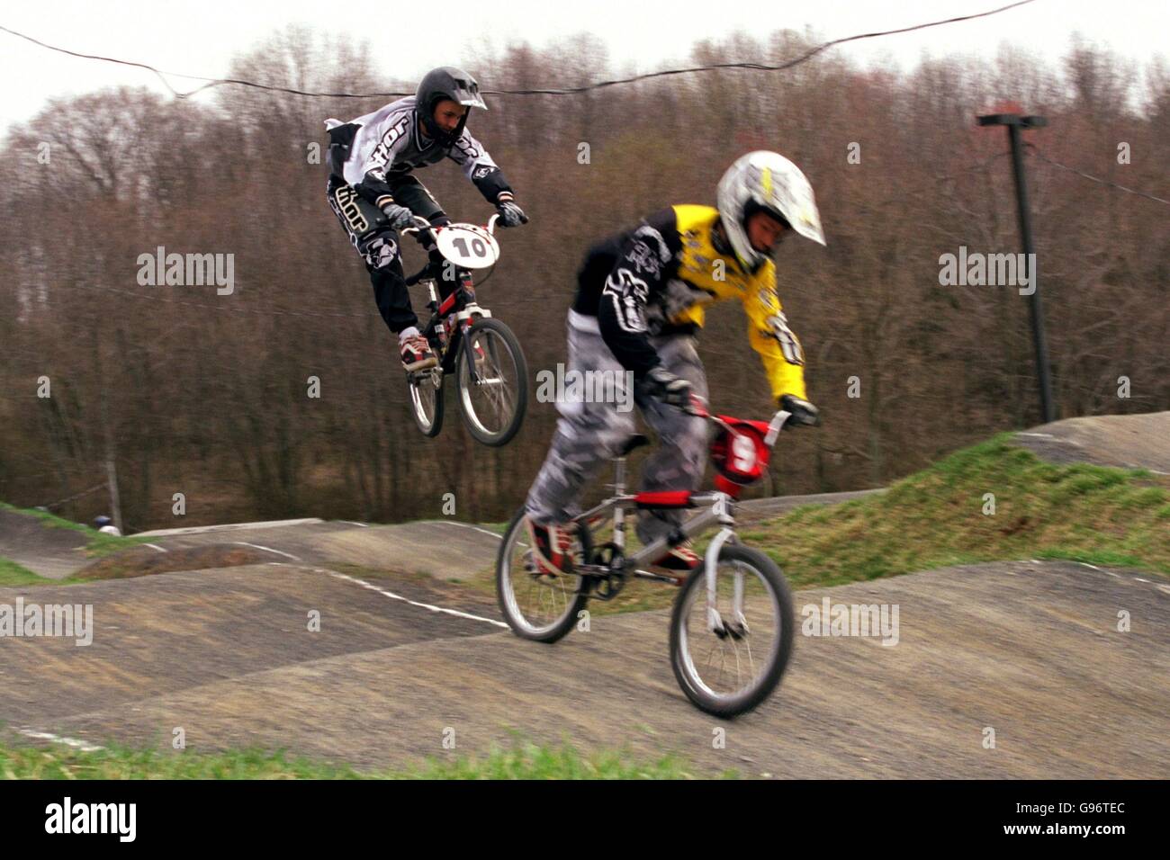 BMX Racing - New Jersey USA. BMX racers jump high during the race Stock ...