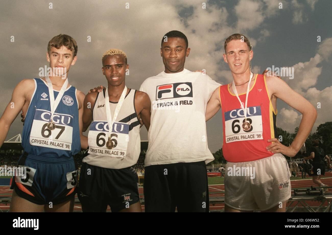 (l-r) 2nd place Malcolm Hassan, 1st place Mohammed Farah and 3rd place ...
