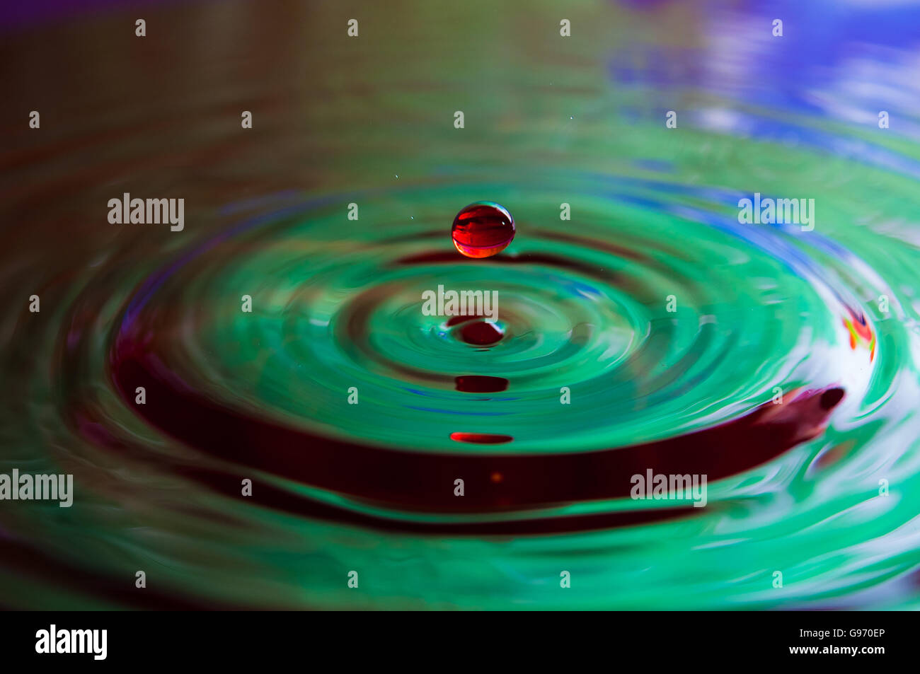 Macro photo of water drops falling into a pool of water, causing a ...