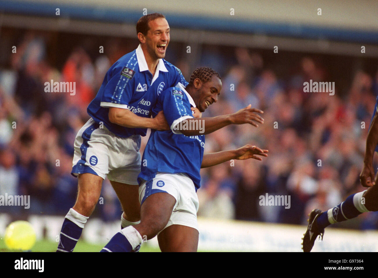 Birmingham's Dele Adebola is congratulated by teammate David Holdsworth ...