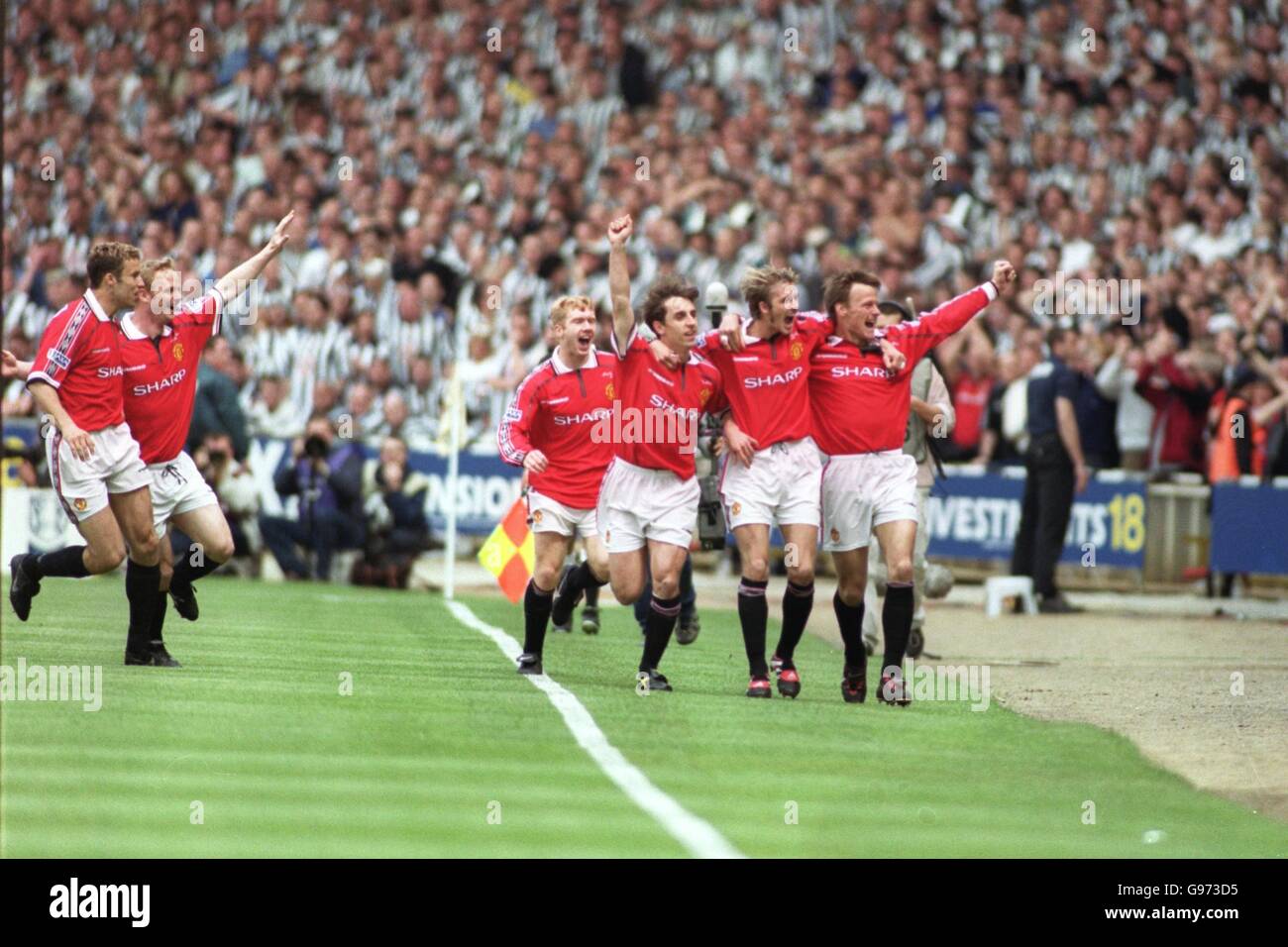 Manchester united players celebrate the opening goal hi-res stock ...