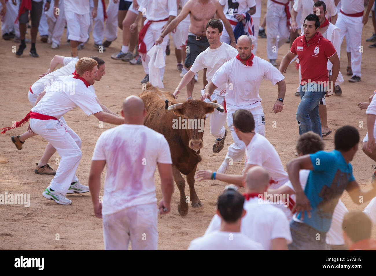Running of bulls through streets of Pamplona,Spain Stock Photo - Alamy