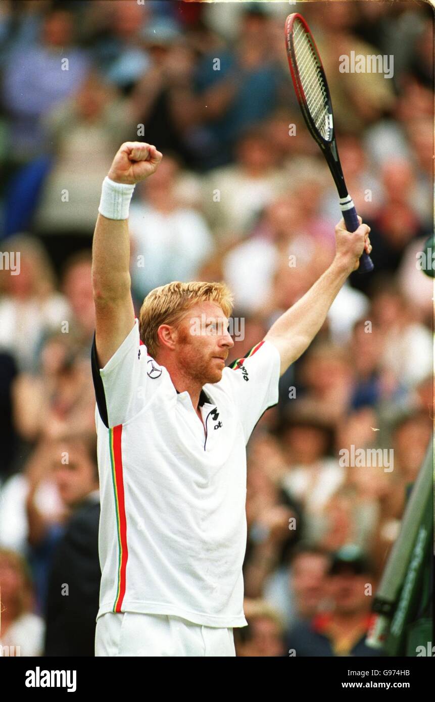 Tennis - Wimbledon. Boris Becker celebrates victory over Nicolas Kiefer ...