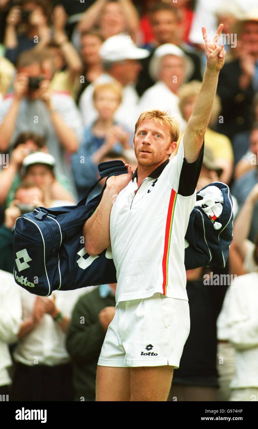 Tennis - Wimbledon. Boris Becker celebrates victory over Nicolas Kiefer ...