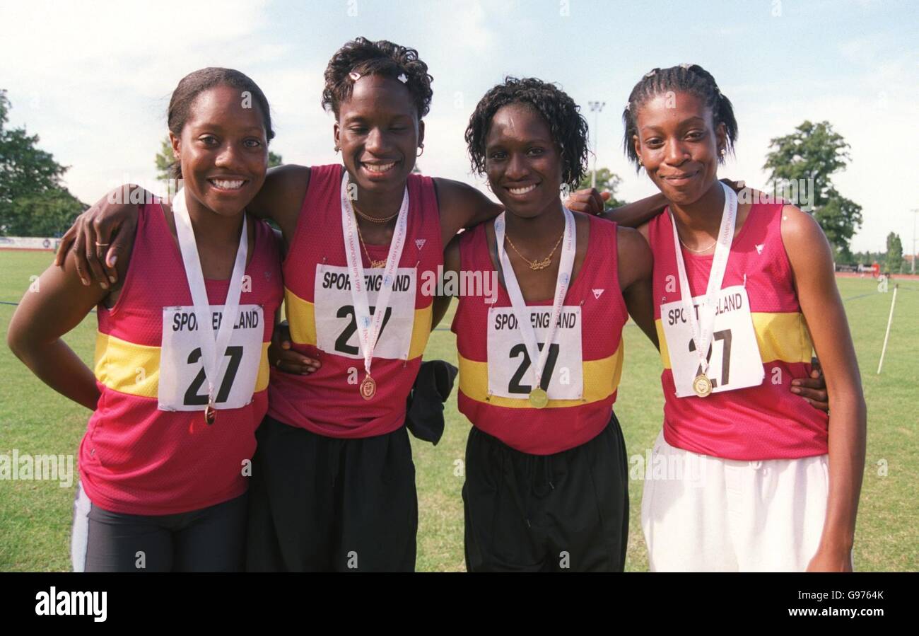 The Essex team who won gold in the Senior Girls' 4x100m Relay Final: (l ...