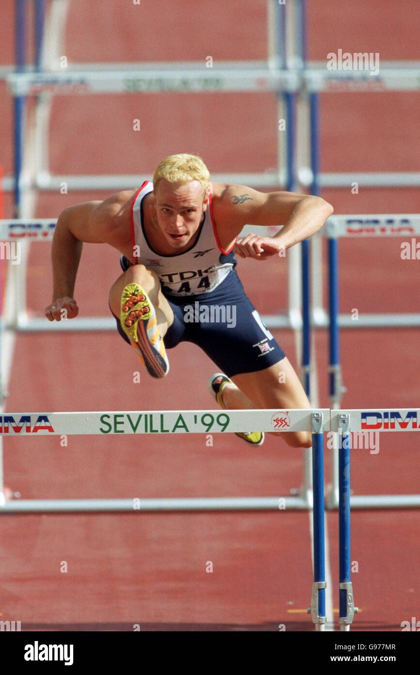 Great Britain's Dean Macey in action during the 110m hurdles discipline ...