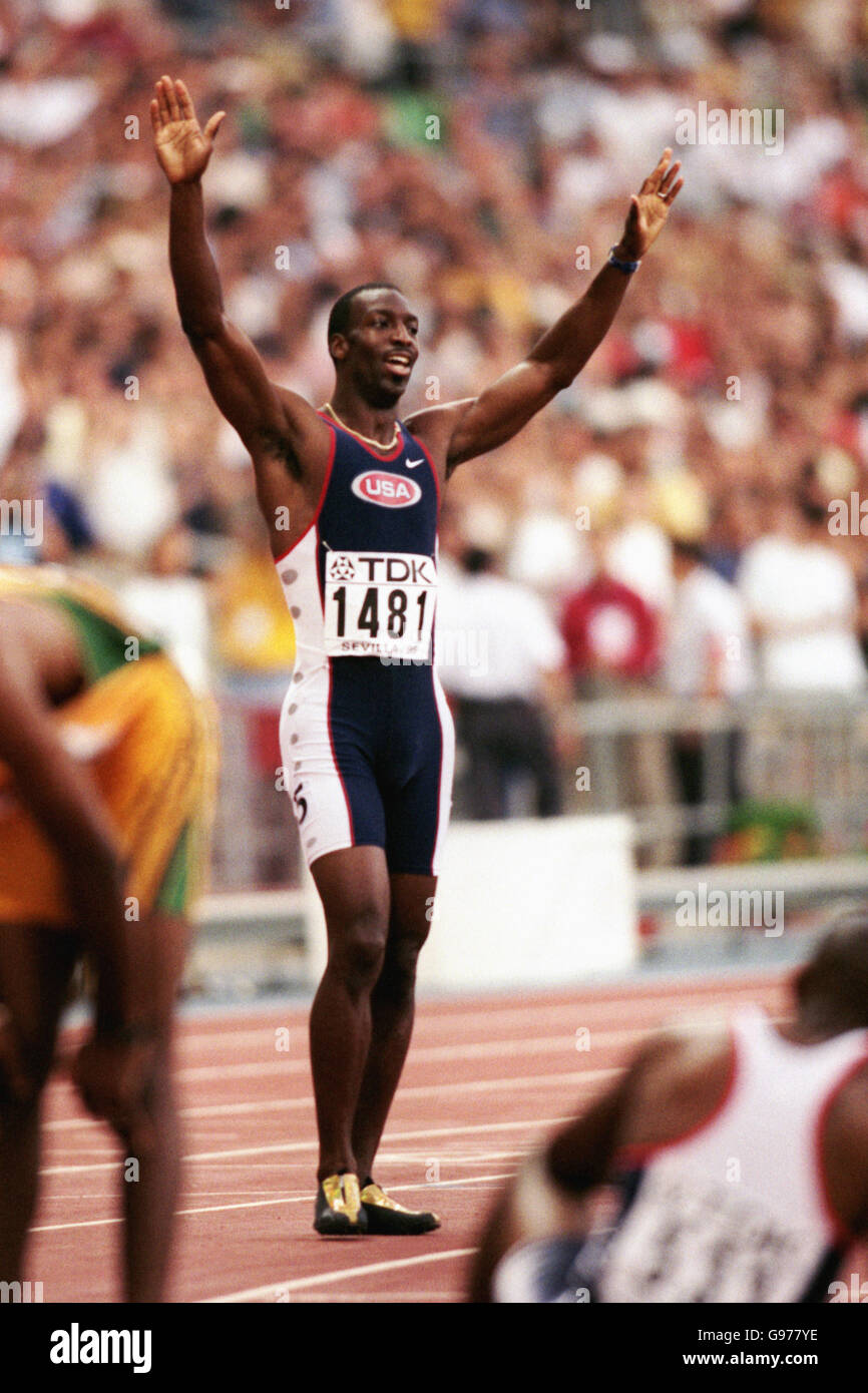 Michael johnson celebrates a new world record in the 400m hi-res stock ...