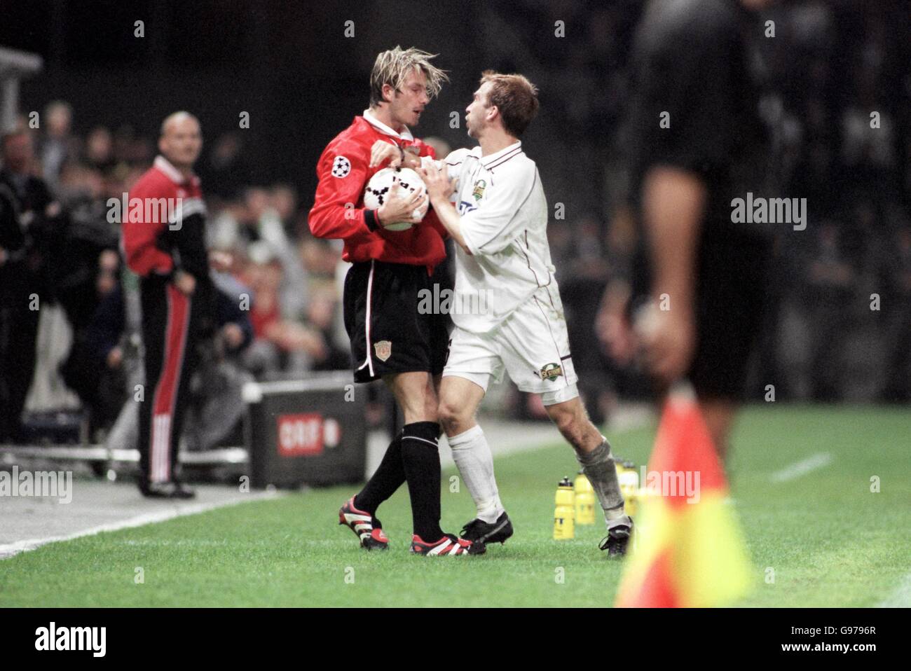 L-R; Manchester United's David Beckham and Sturm Graz's Roman Mahlich ...