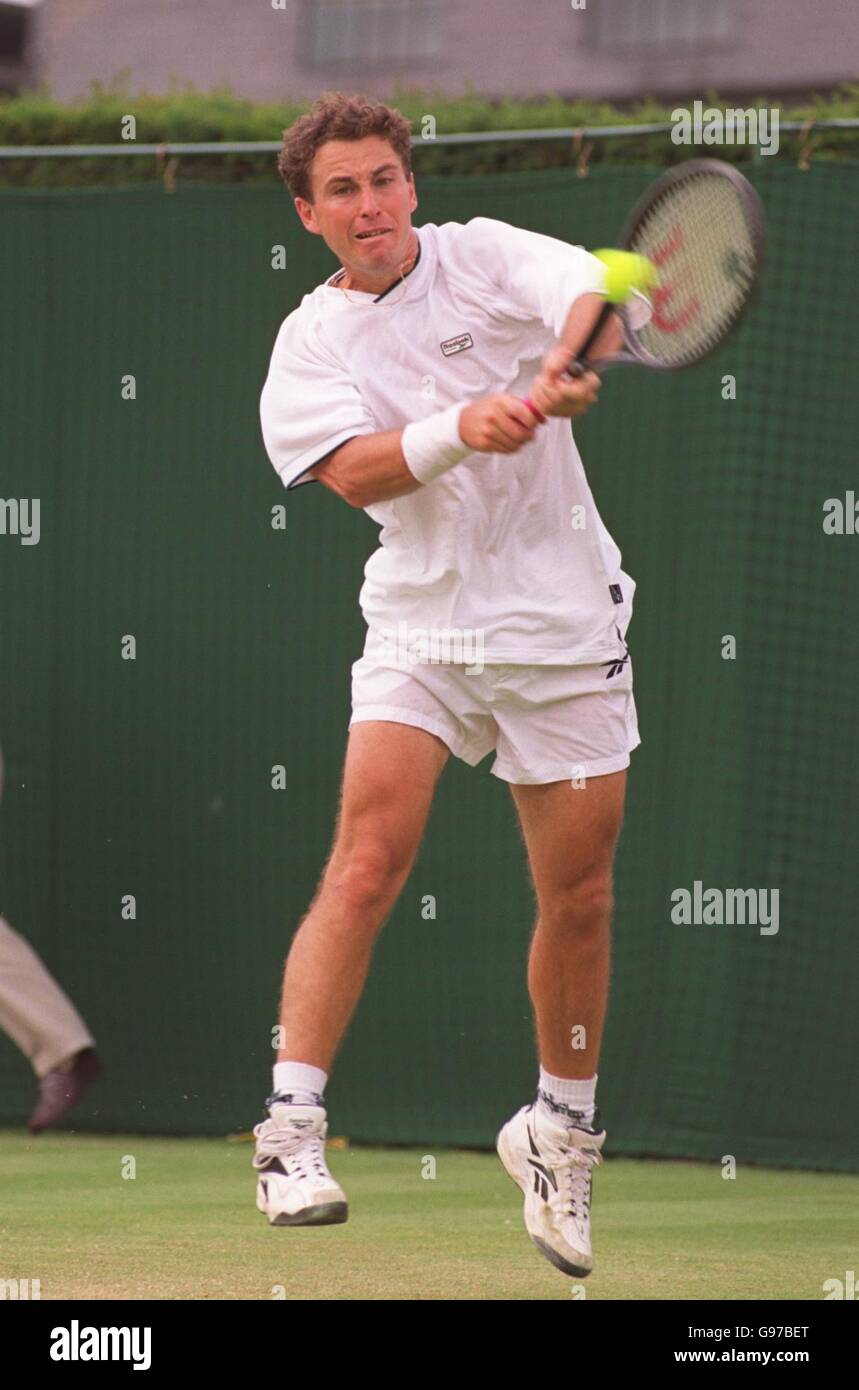 Tennis - Wimbledon. Danny Sapsford in action on his way to victory over ...