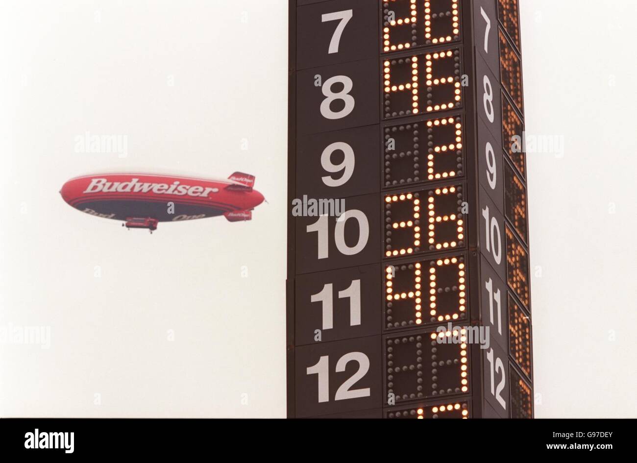 The Budweiser blimp sales past the position indicator tower Stock Photo ...