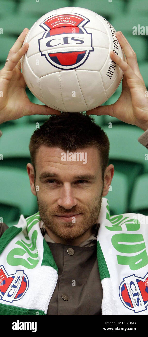 Celtic player Stephen MacManus during a photo-call at Celtic Park ...