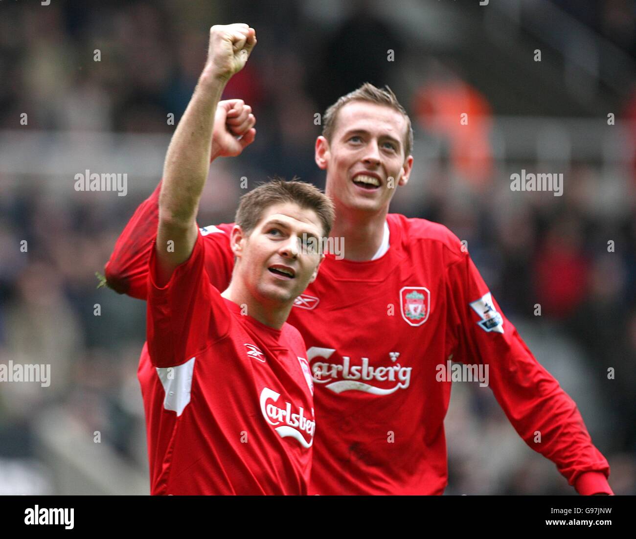 (L-R) Liverpool's Steven Gerrard celebrates his goal with fellow goal ...