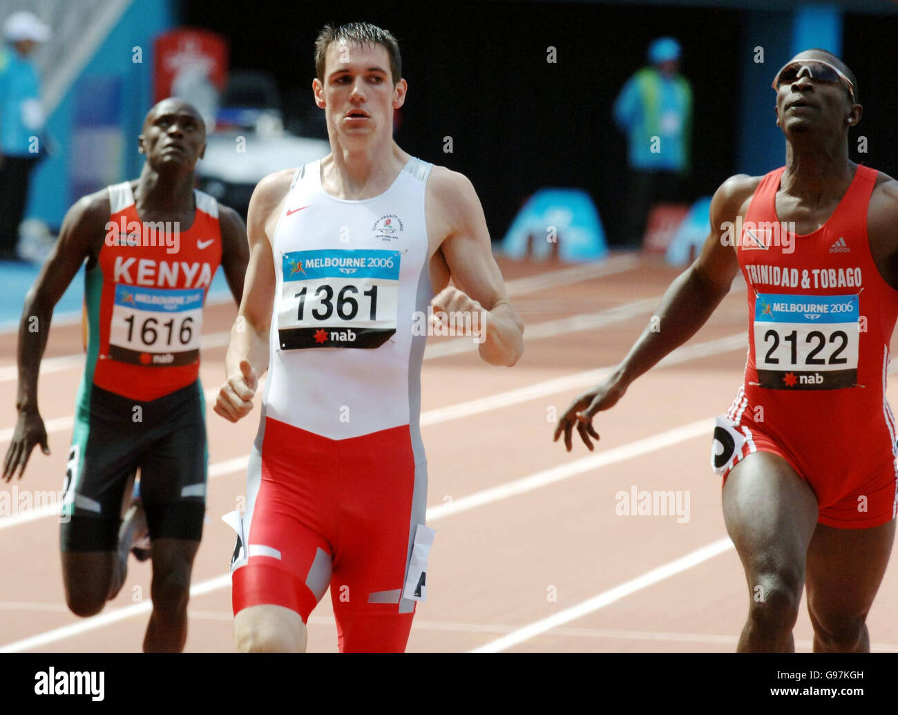 England's Robert Tobin (C) wins his 400m heat at The Melbourne Cricket ...
