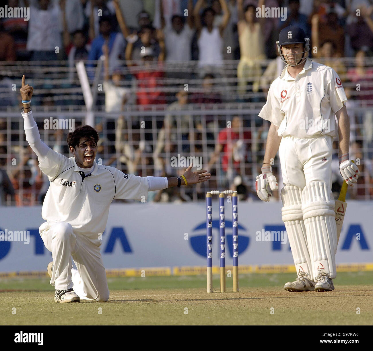 Indian bowler Sri Sreesanth appeals unsuccessfully for the wicket of ...