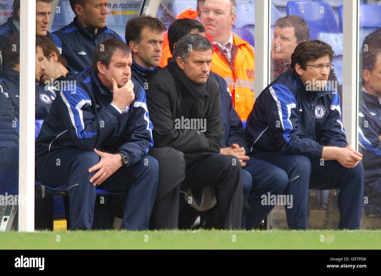 Chelsea manager jose mourinho watches the game from the bench hi-res ...