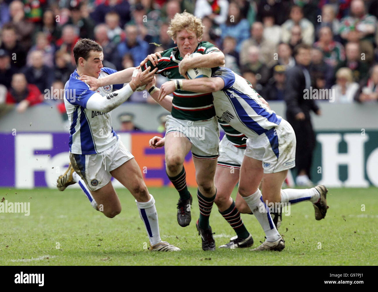 Leicester's Sam Vesty burst through Bath's defence during the Heineken ...