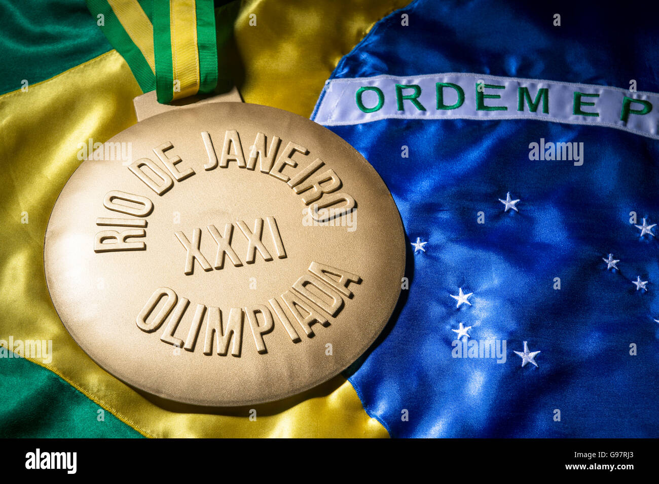RIO DE JANEIRO - FEBRUARY 3, 2016: Large gold medal commemorating the ...
