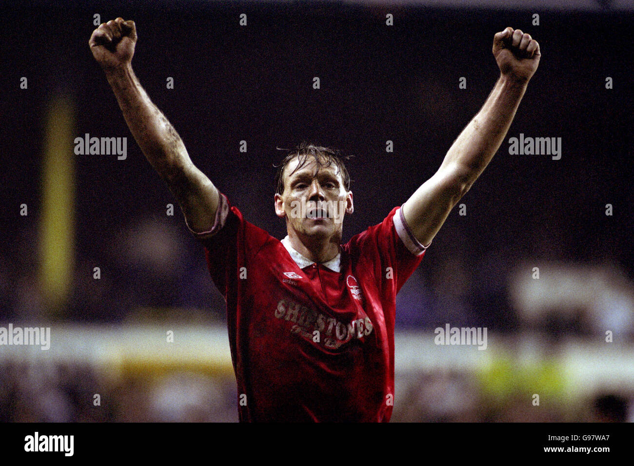 Nottingham Forest captain Stuart Pearce celebrates victory at the end ...