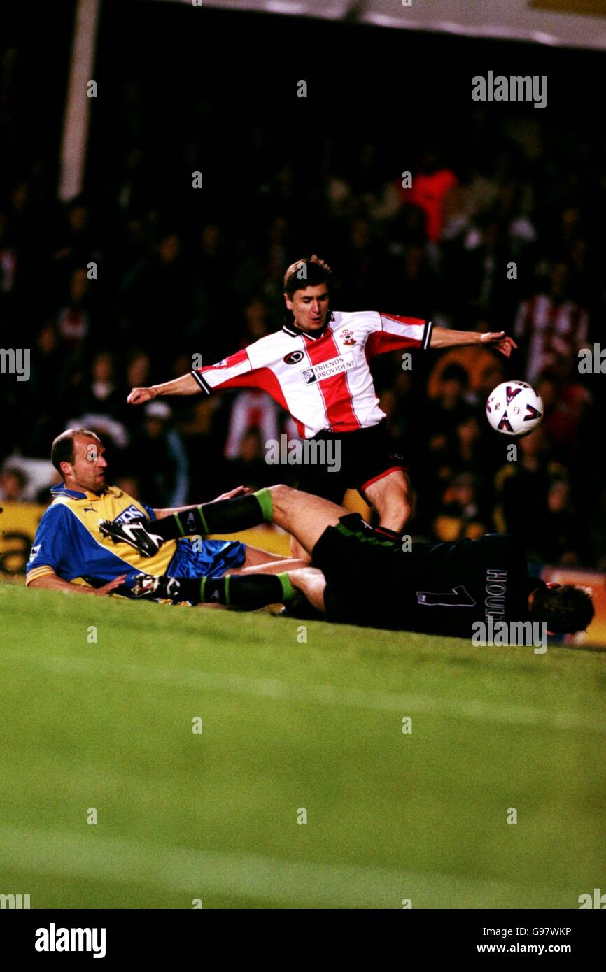 Southampton's Marians Pahars (centre) chips the ball over Derby County ...