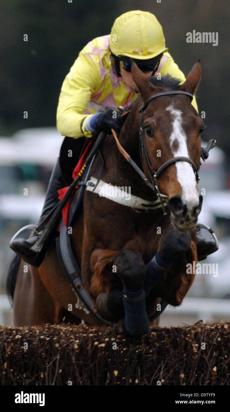 Eric's Charm and jockey Leighton Aspell clears the last before winning ...