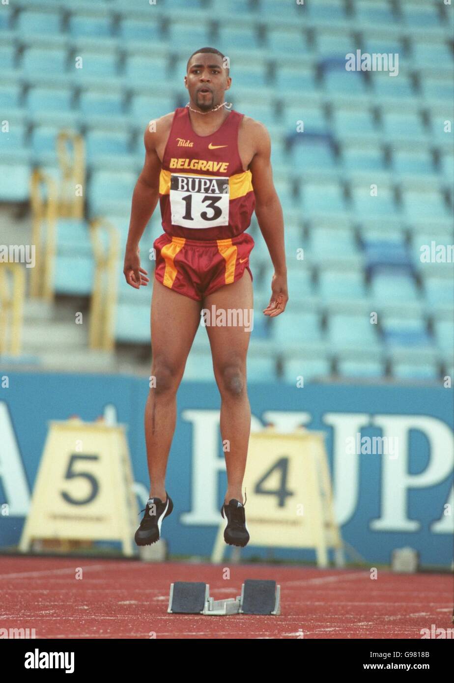 Darren Campbell warms up for his semi final of the men's 100m Stock ...