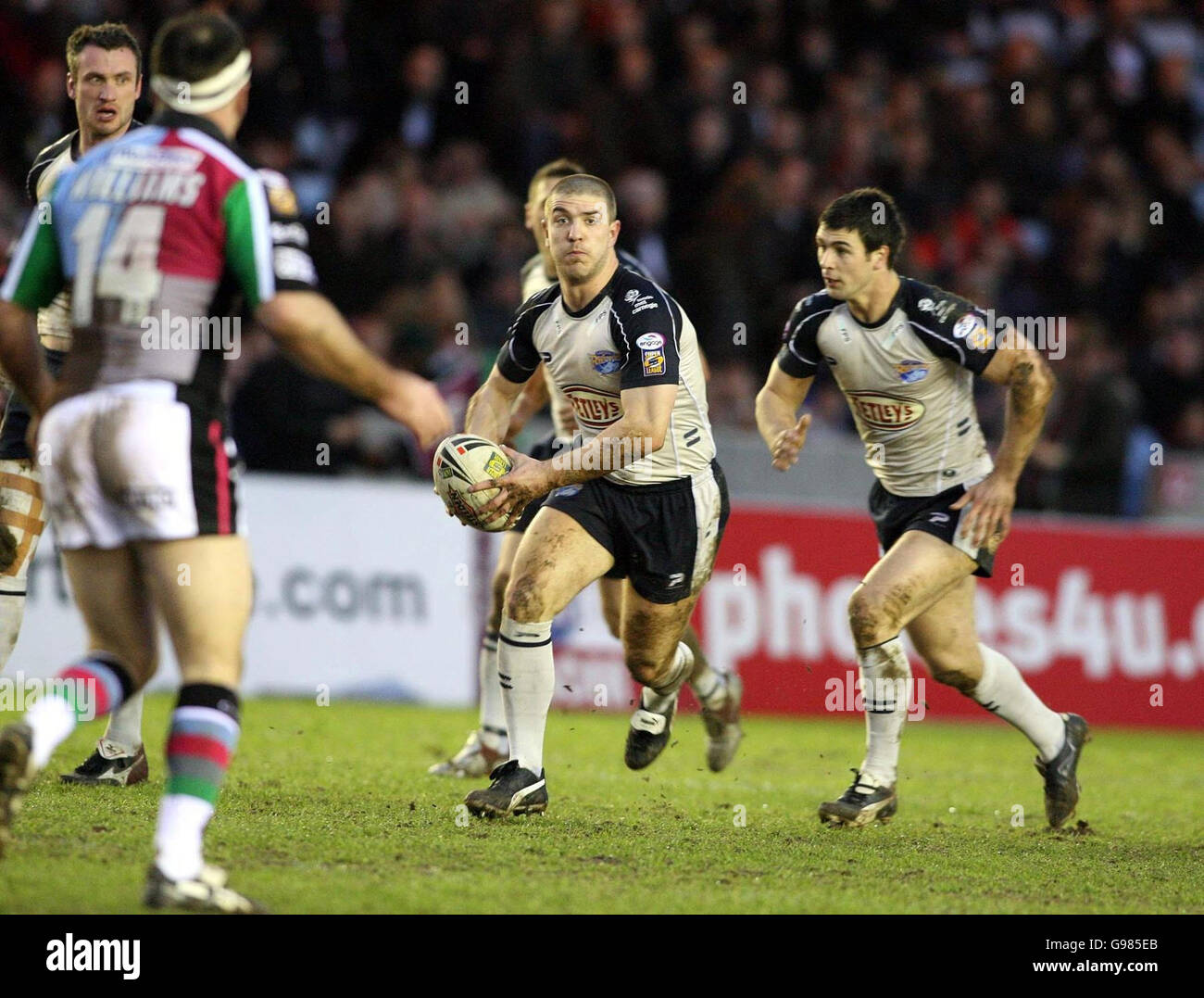 Leeds Rhino's Chris Feather runs at the Harlequins defence during the ...