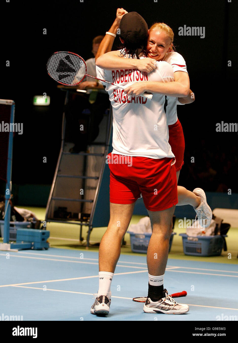 England's Nathan Robertson and Gail Emms celebrate winning gold in the ...