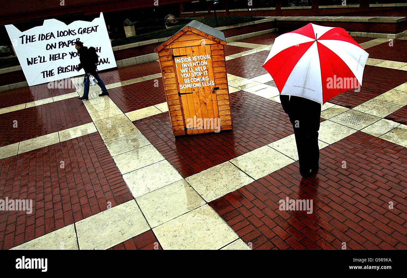A garden shed and giant envelope outside the British Library, Wednesday ...