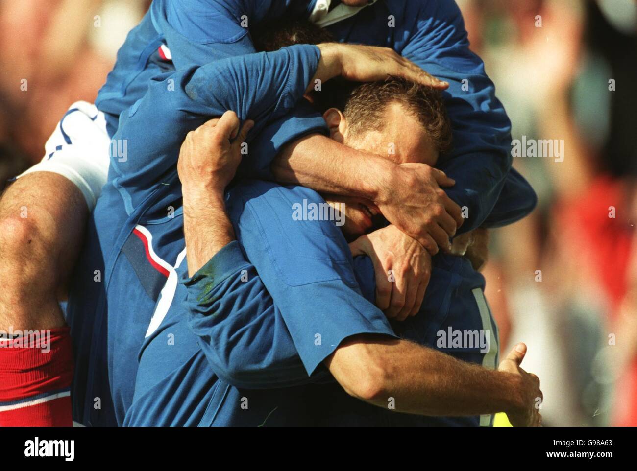France players hug each other as they progress in the Rugby World Cup ...