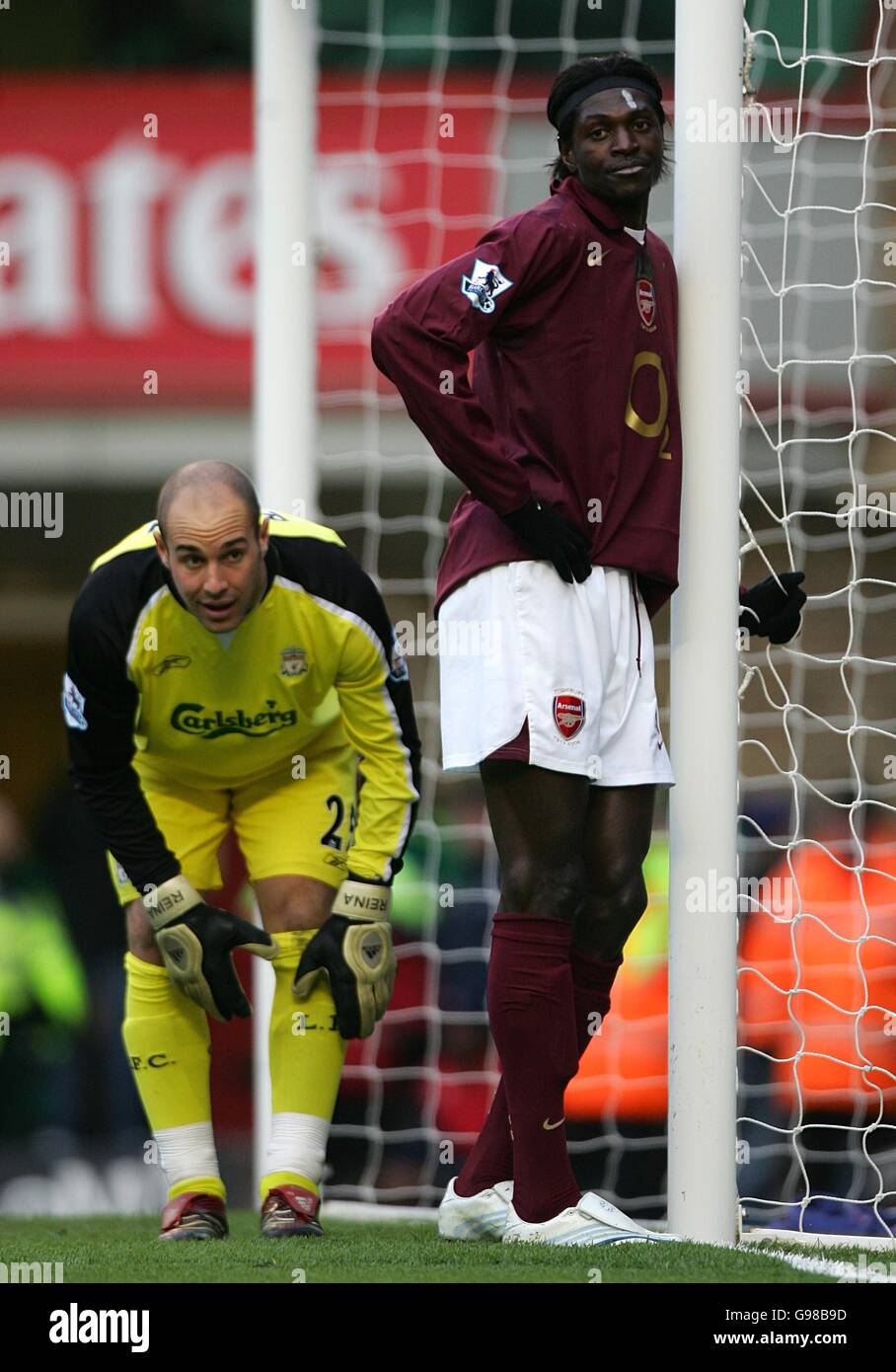 Liverpool goalkeeper Jose Reina and Arsenal's Emmanuel Adebayor Stock ...