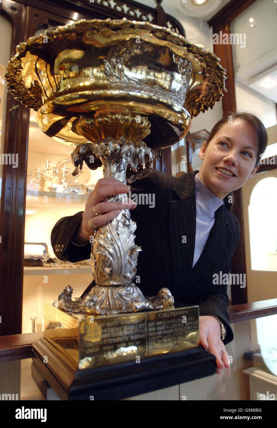 The Smurfit Kappa Champion Hurdle Trophy is displayed by Sharron Molloy ...