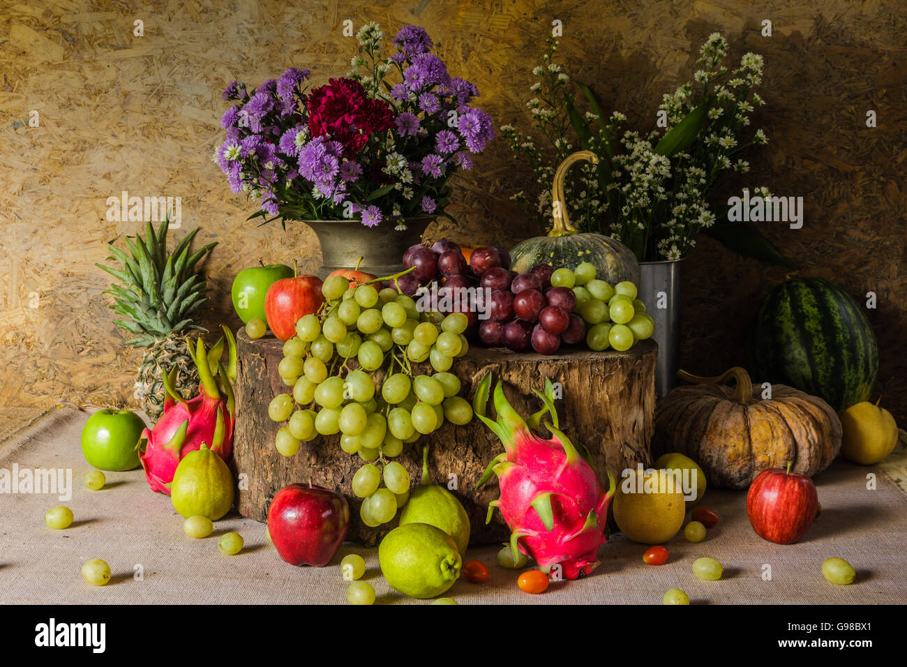 Still Life Fruits were placed on the timber with a beautiful vase of ...