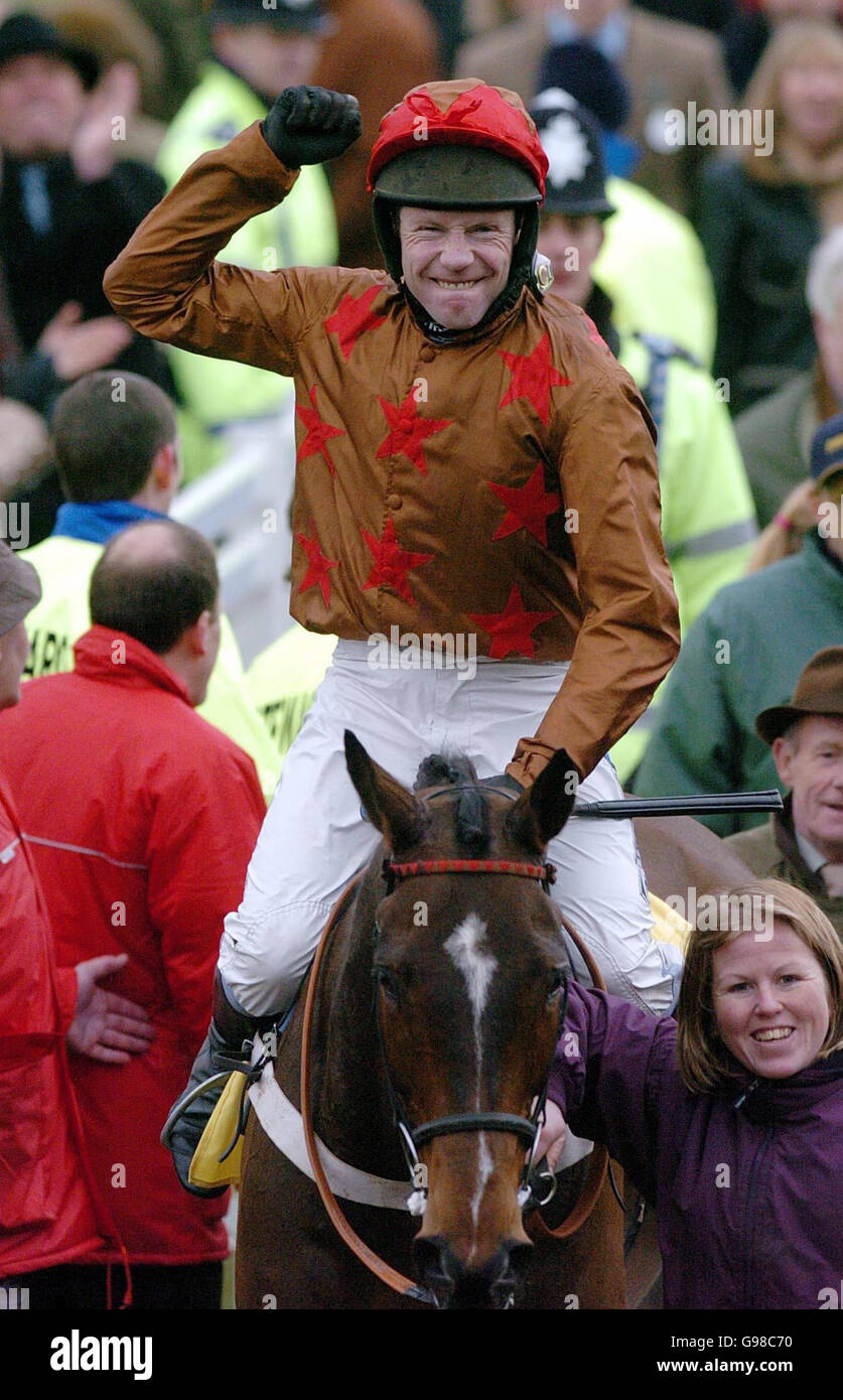 Jockey Mick Fitzgerald on Fondmort celebrates winning the Ryanair Chase ...