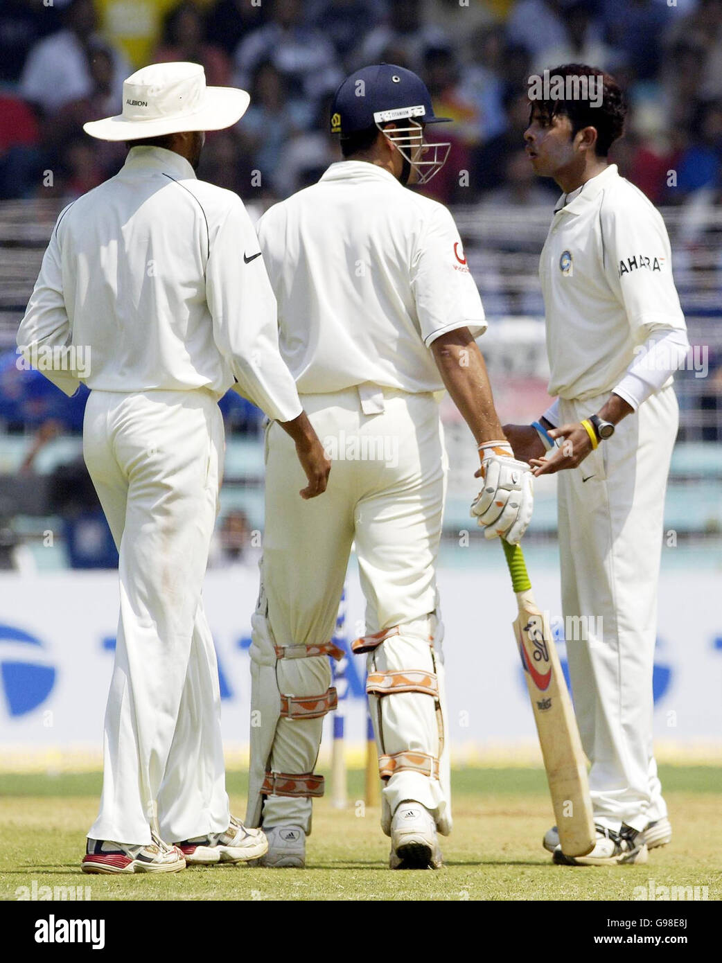 Indian bowler Sri Sreesanth (right) has words with Owais Shah, during ...