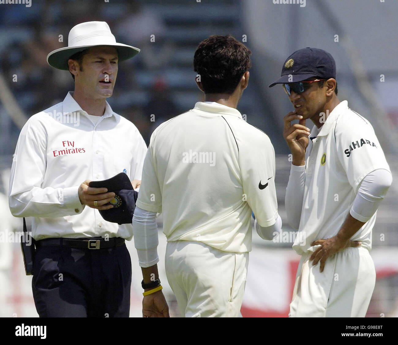 Indian bowler Sri Sreesanth (centre) talks to umpire Simon Taufel with ...