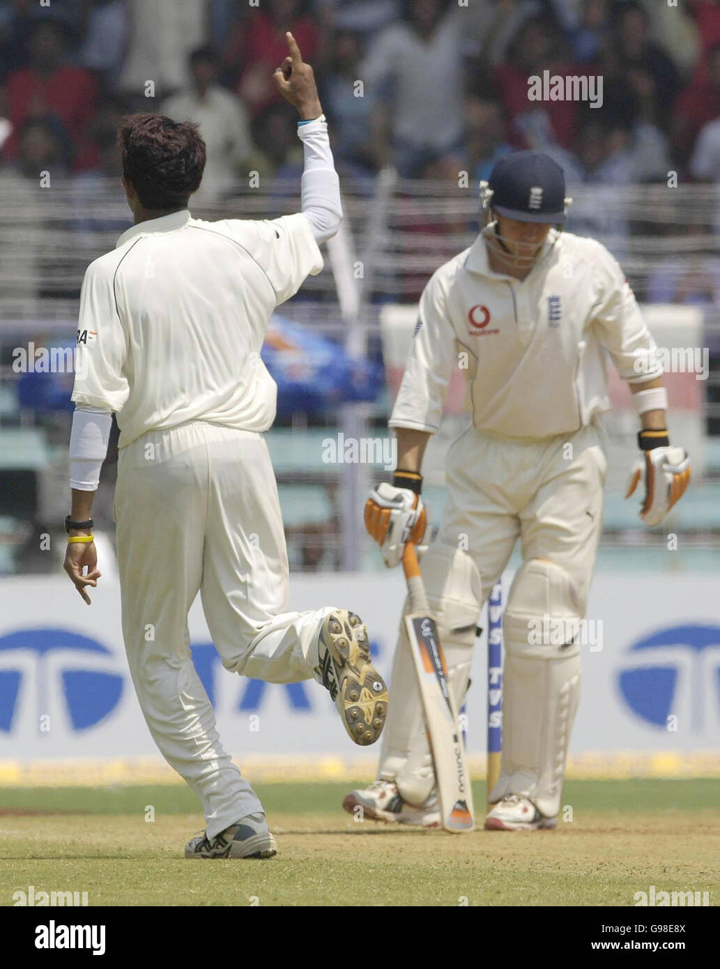 Indian bowler Sri Sreesanth dismisses England's Geraint Jones, during ...