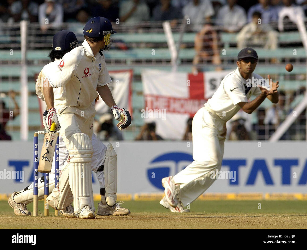 England batsman James Anderson gives a catch to Indian captain Rahul ...