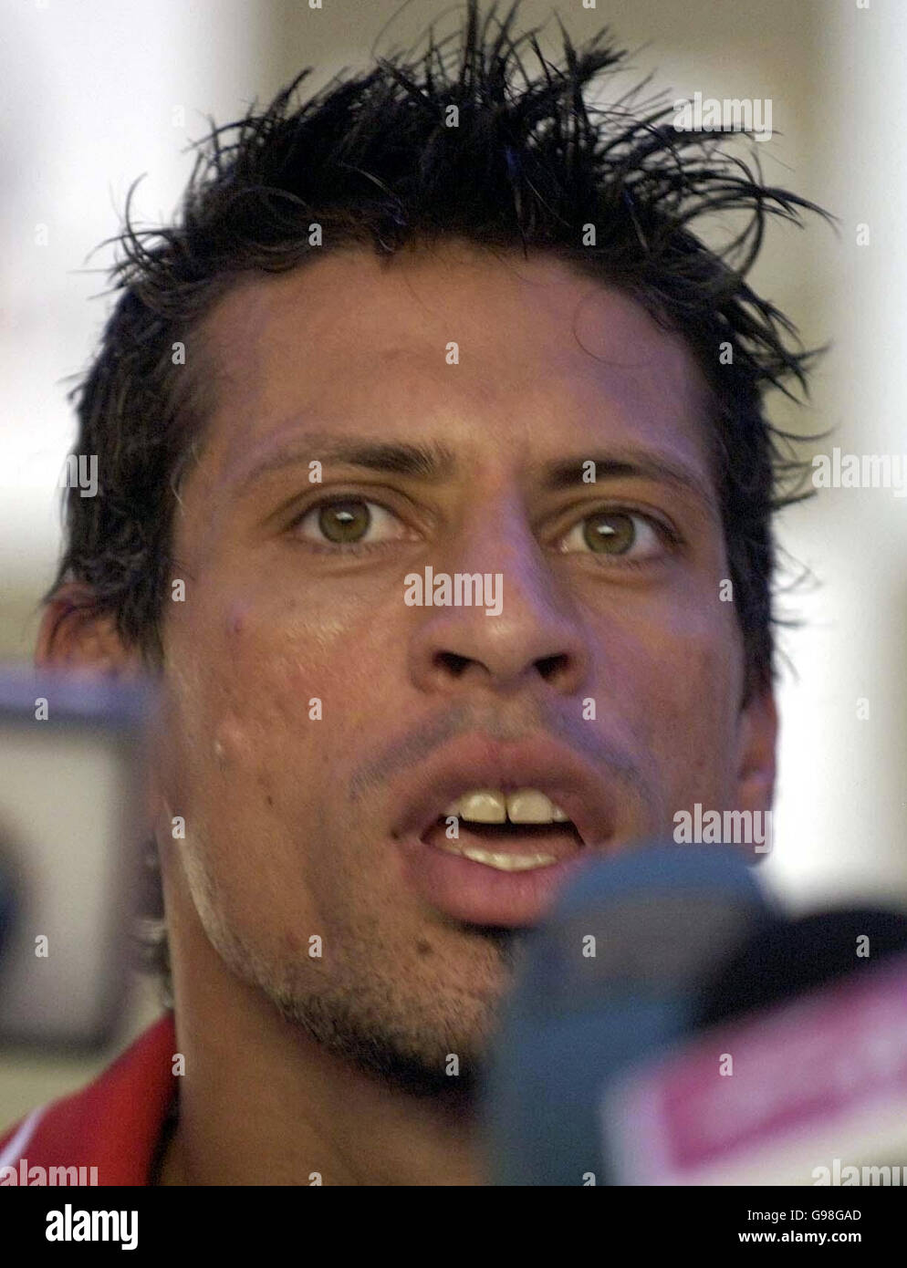England bowler Sajid Mahmood talks to the media during a press ...