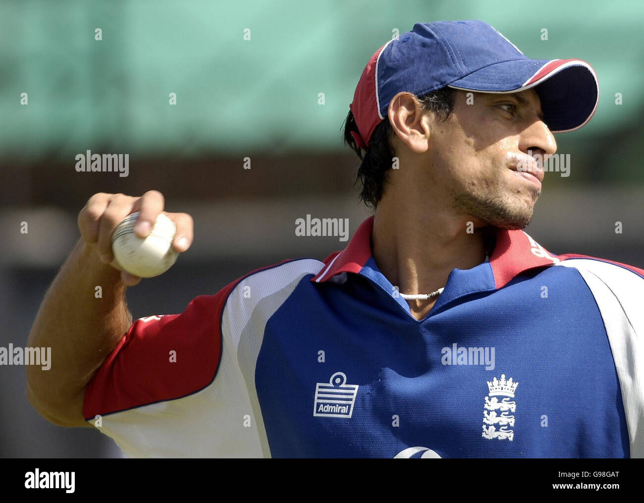 England bowler Sajid Mahmood practices throwing the ball during a net ...
