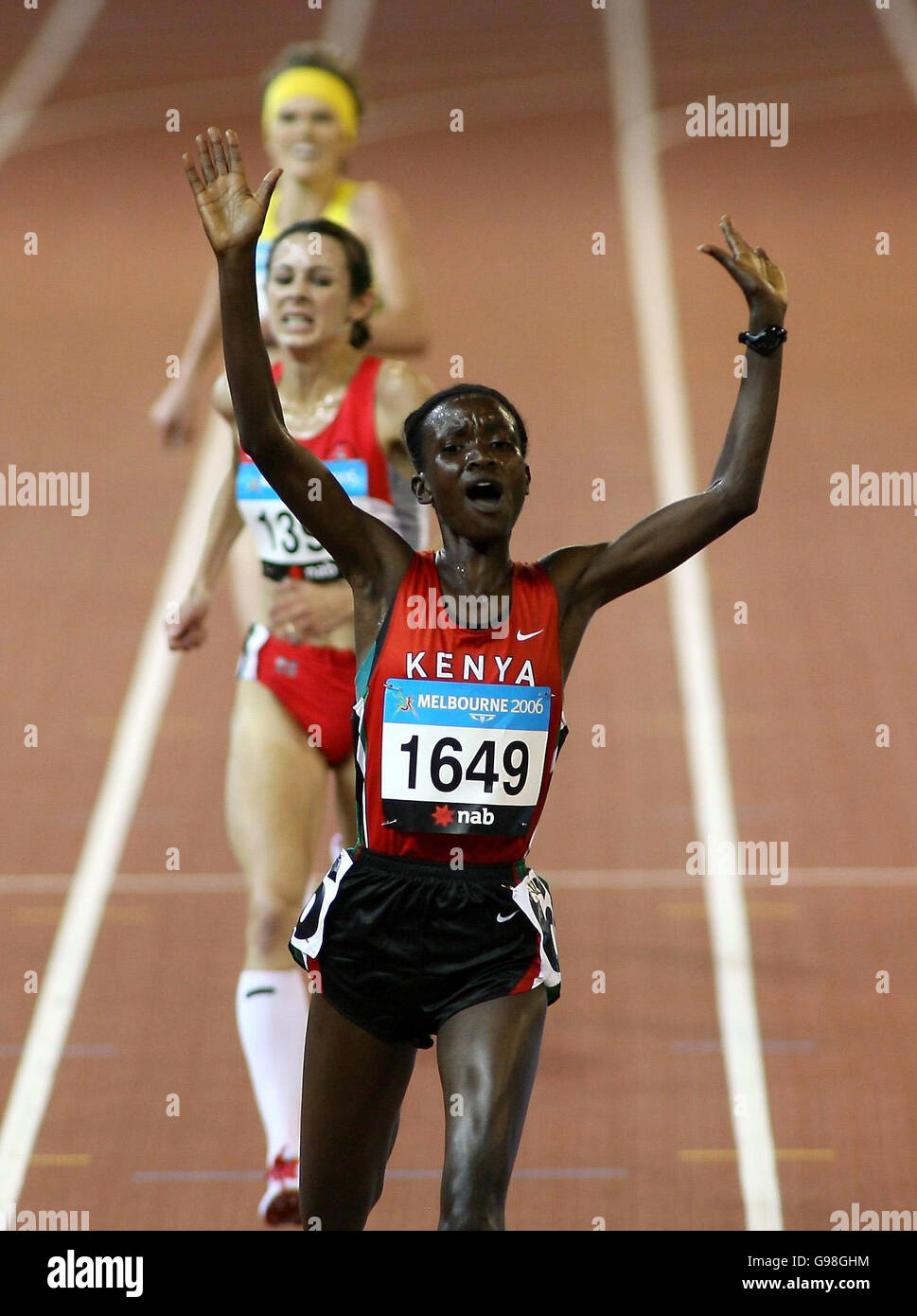 Kenya's Isabella Ochichi celebrates finishing ahead of England's Jo ...