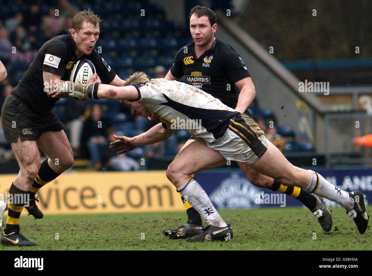 London Wasps Josh Lewsey up against Leeds Tykes Tom Biggs during the ...